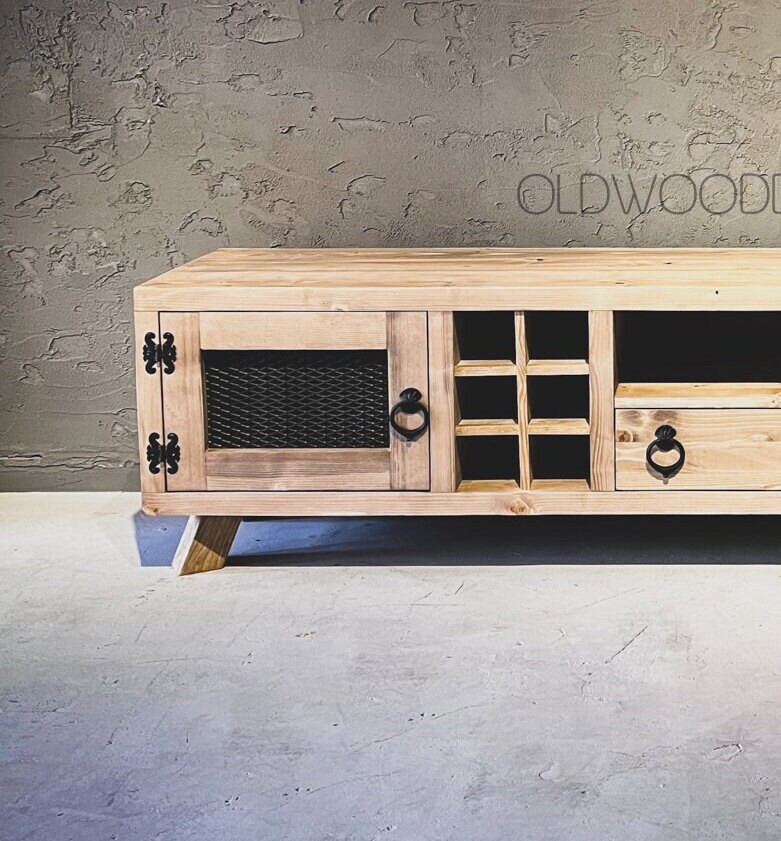 Minimalist Light Wood TV Stand | Iron Accents & Wine Storage | Modern ...