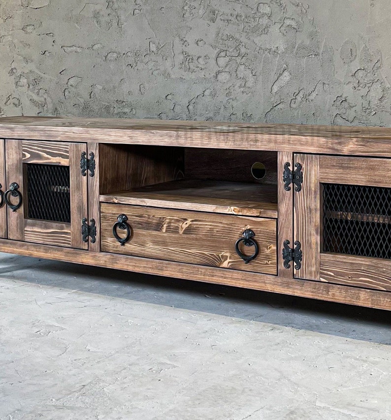 Artisanal Rustic Solid Wood TV Console | Forged Iron Hardware | Mesh ...