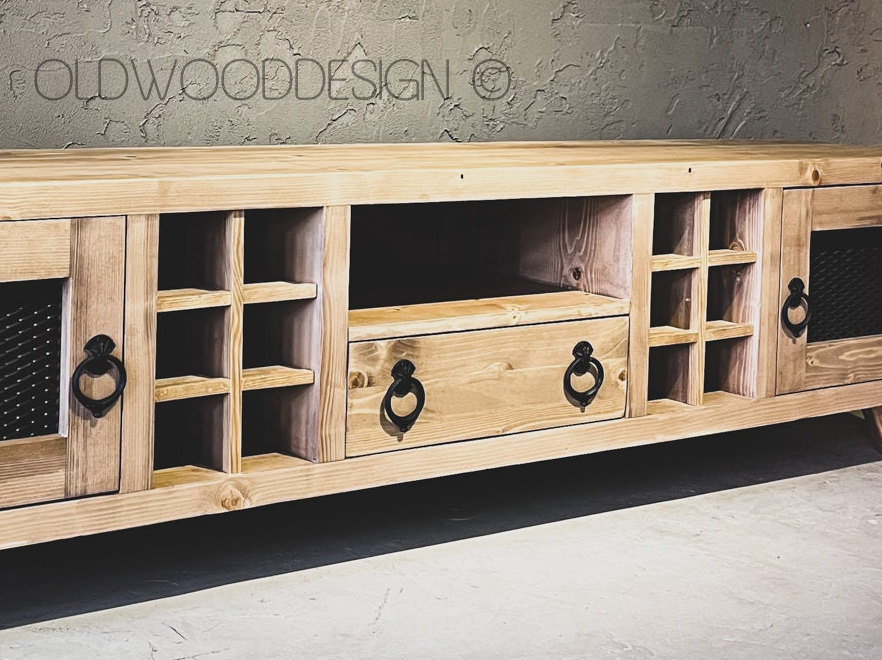Minimalist Light Wood TV Stand | Iron Accents & Wine Storage | Modern ...