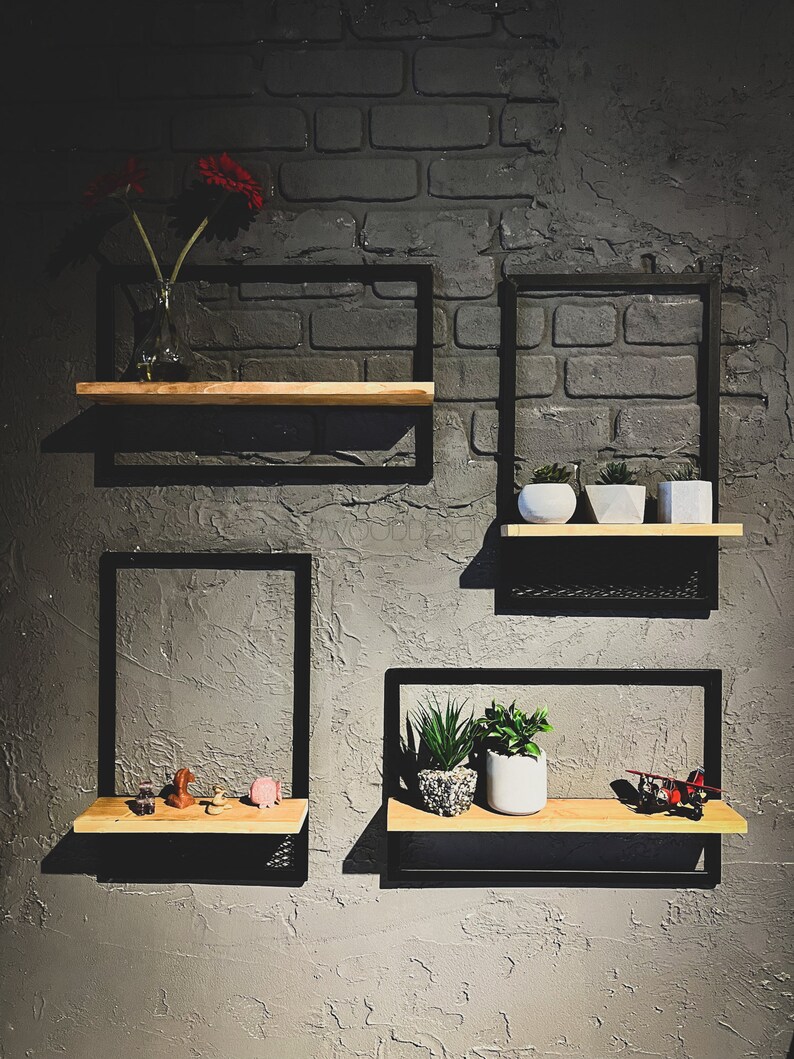 Metal Frame Set With 4 Shelves, Decorative Steel Wooden Shelves ...