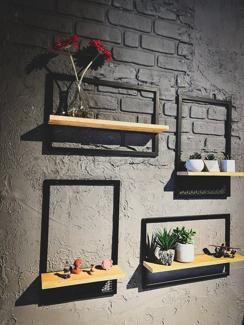 Metal Frame Set With 4 Shelves, Decorative Steel Wooden Shelves ...