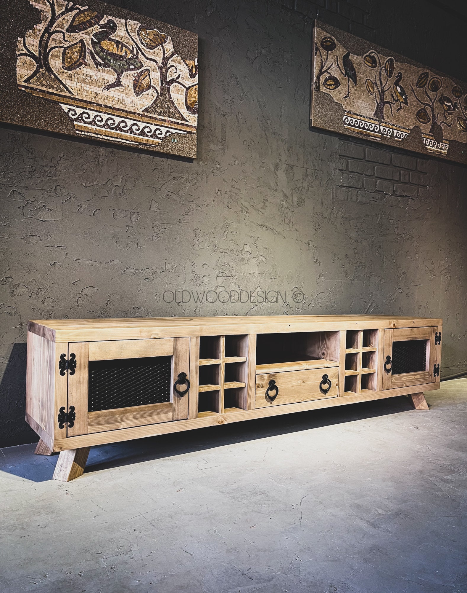 Minimalist Light Wood TV Stand | Iron Accents & Wine Storage | Modern ...