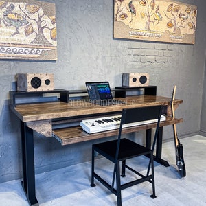 Wood Music Studio Desk With Keyboard Tray Monitor Riser - Etsy