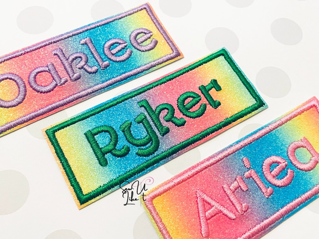 Personalised Rainbow Glitter Embroidered Name Patch, Iron on Patch, Sew ...