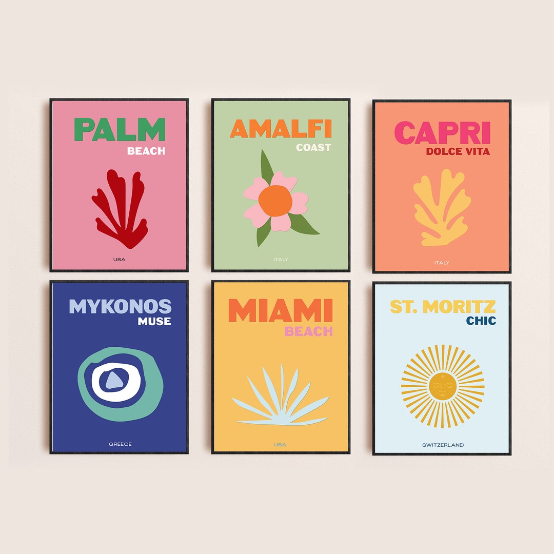 Travel Poster Bundle, Preppy Room Decor, Maximalist Decor, Capri Miami ...