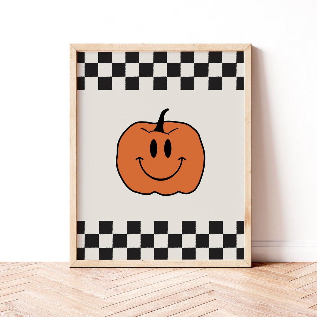 Retro Halloween Print, Vintage Halloween Printable Wall Art, Checkered ...