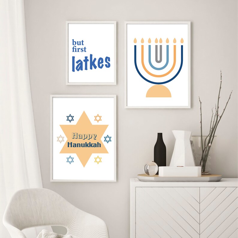 Modern Hanukkah Decor Set of 3 Prints Happy Hanukkah Wall - Etsy