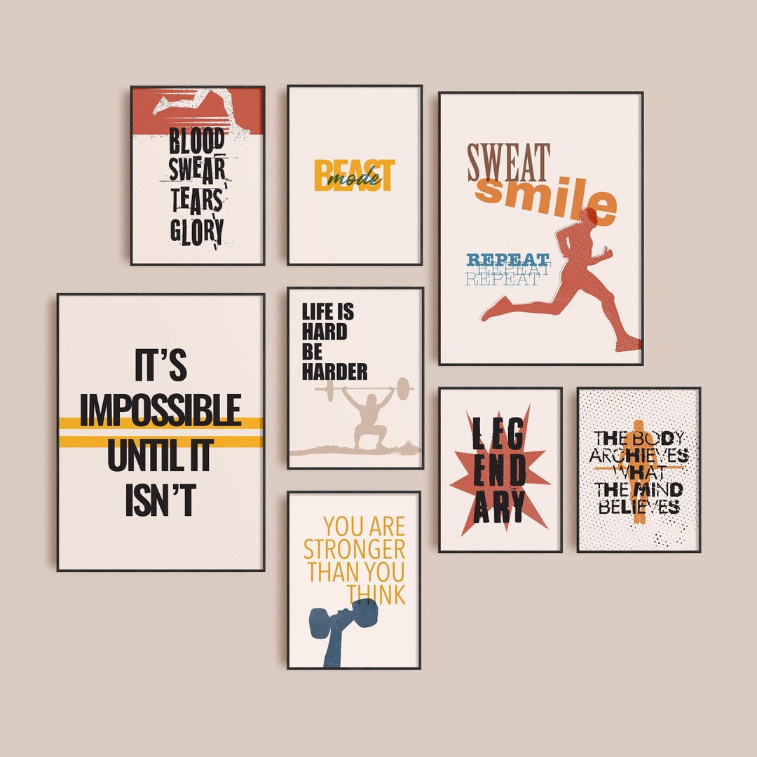 Home Gym Sign, Set of 8 Prints, Fitness Printable, Retro Poster ...