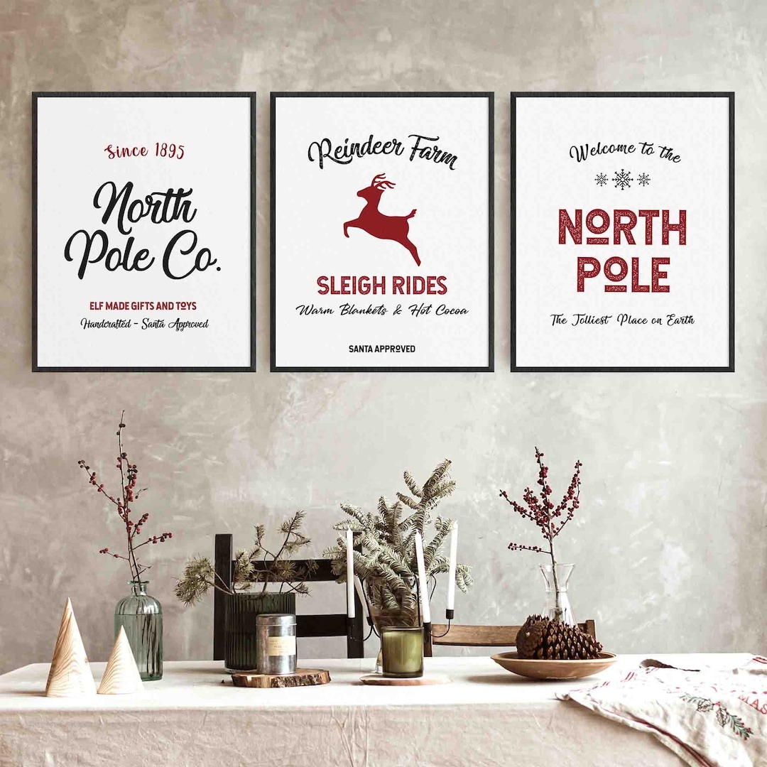 North Pole Sign, Printable Wall Art Set of 3 Christmas Prints, Modern ...
