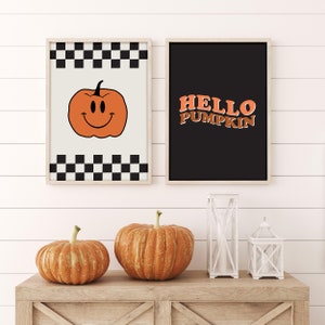 Retro Halloween Print, Vintage Halloween Printable Wall Art, Checkered ...