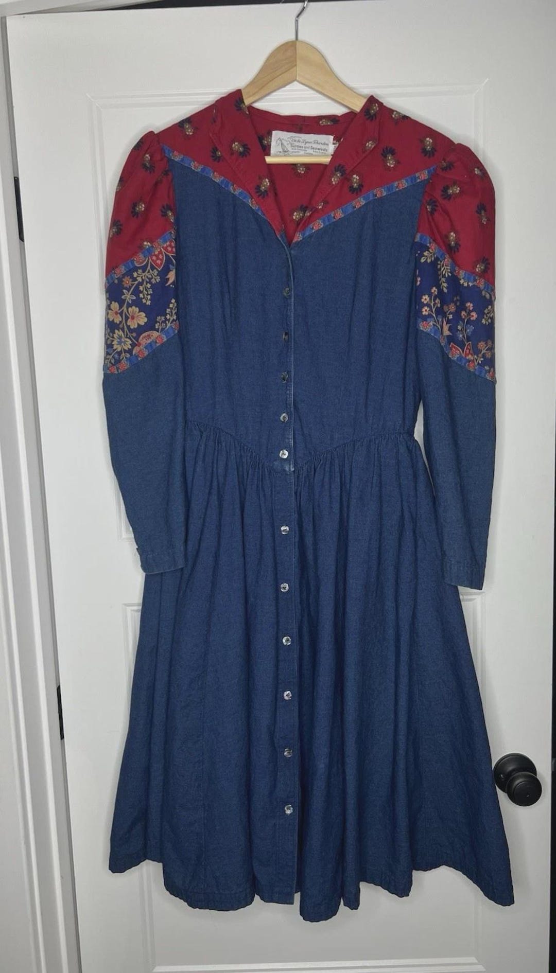 Vintage 80s Suttles Seawinds Dress Blue Denim Red Patchwork Vicki Lynn ...