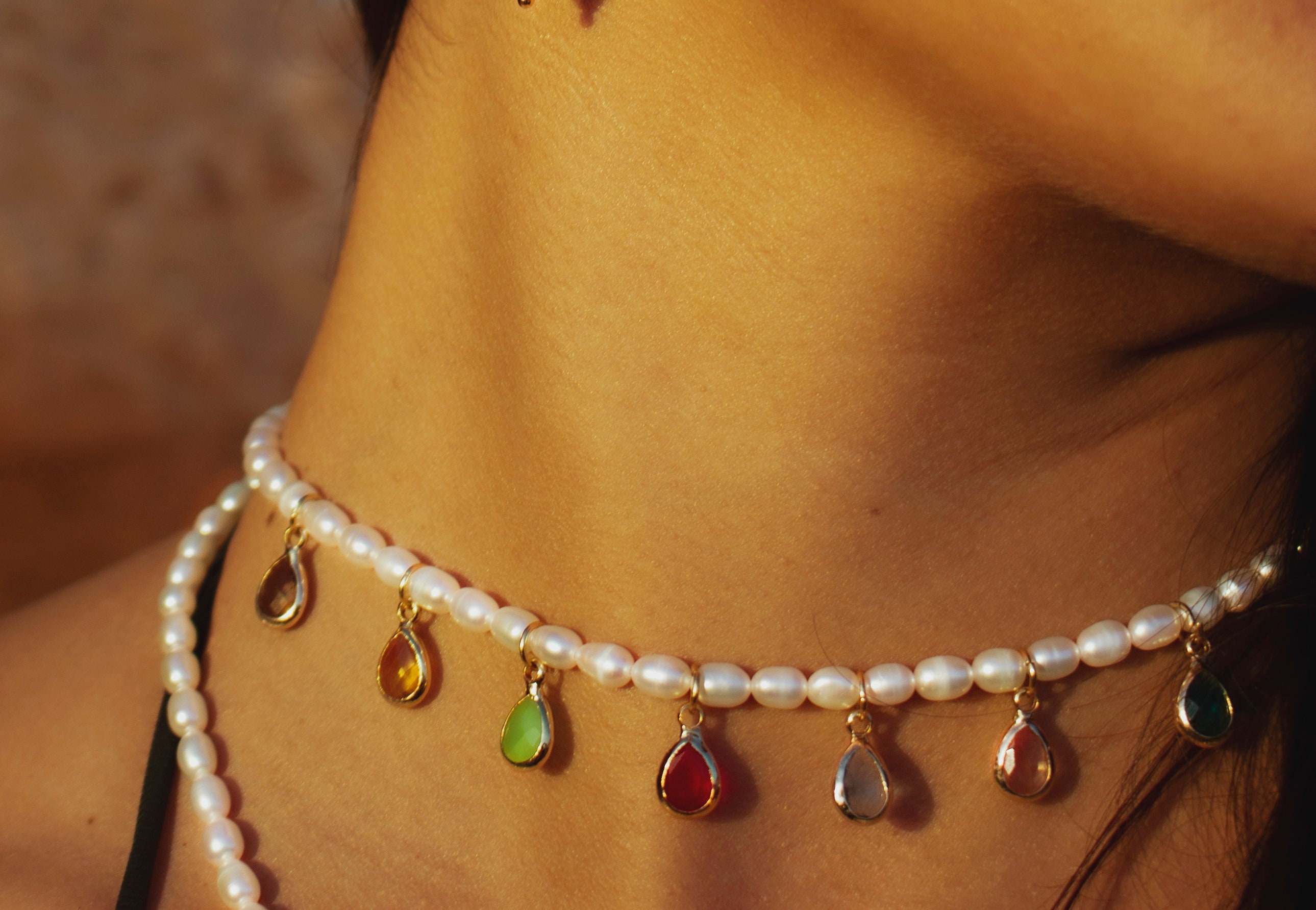 Freshwater Pearl Multicolour Gemstones Oriental Style 14K Gold Plated ...