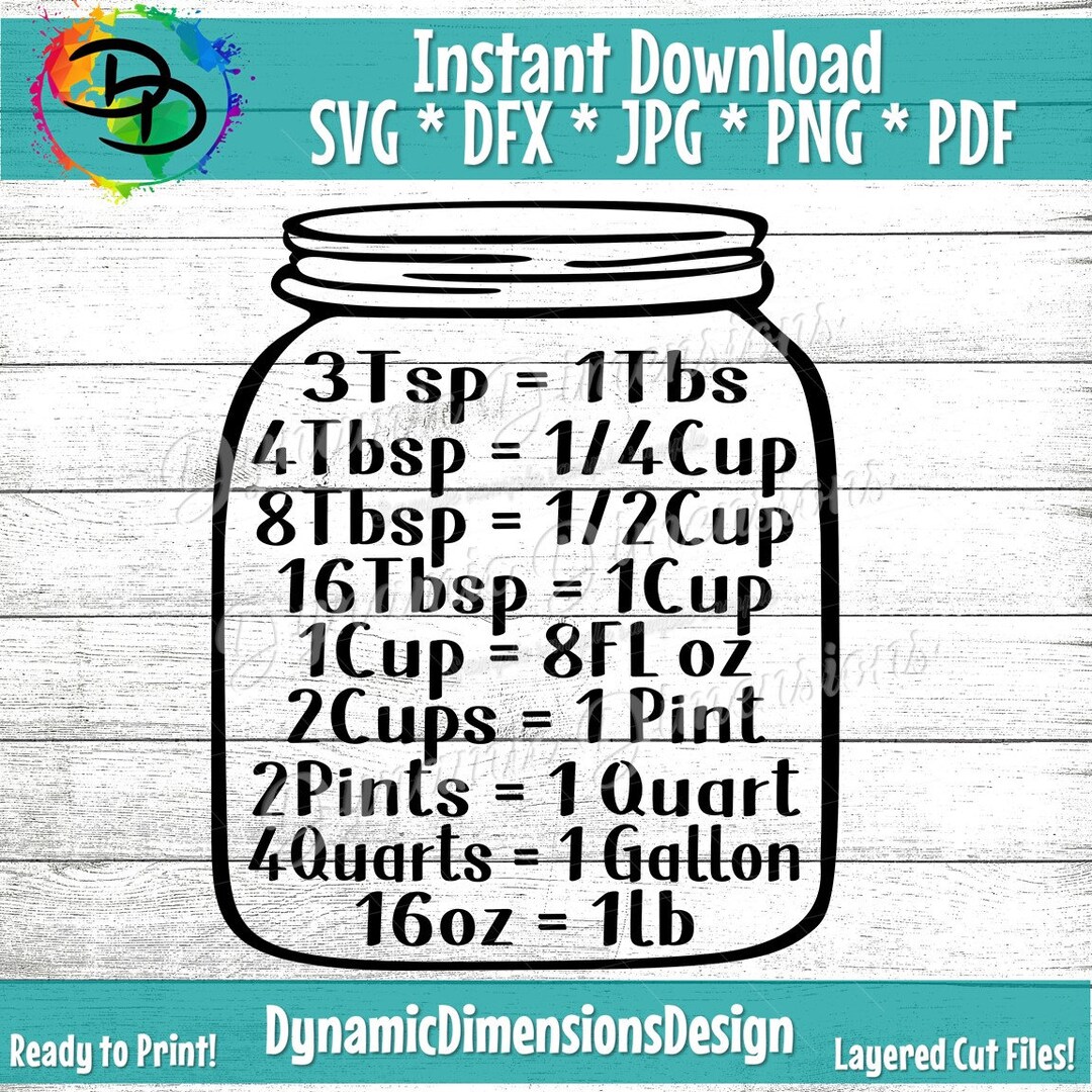 Kitchen Svg, Mason Jar Svg, Kitchen Measurement Svg, Kitchen Conversion ...