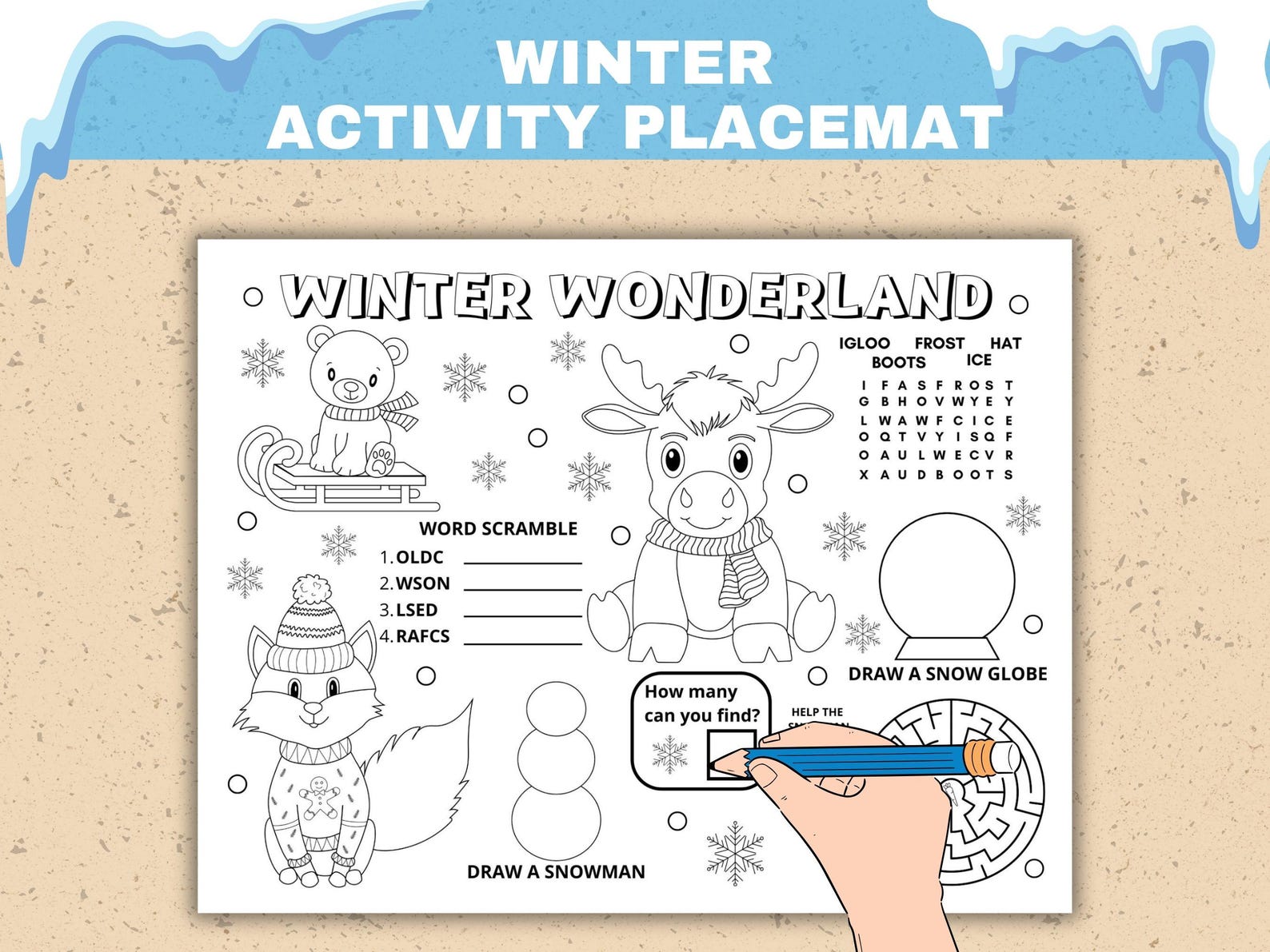 Winter Activity Placemat for Kids: Coloring Page, Party Game (digital ...