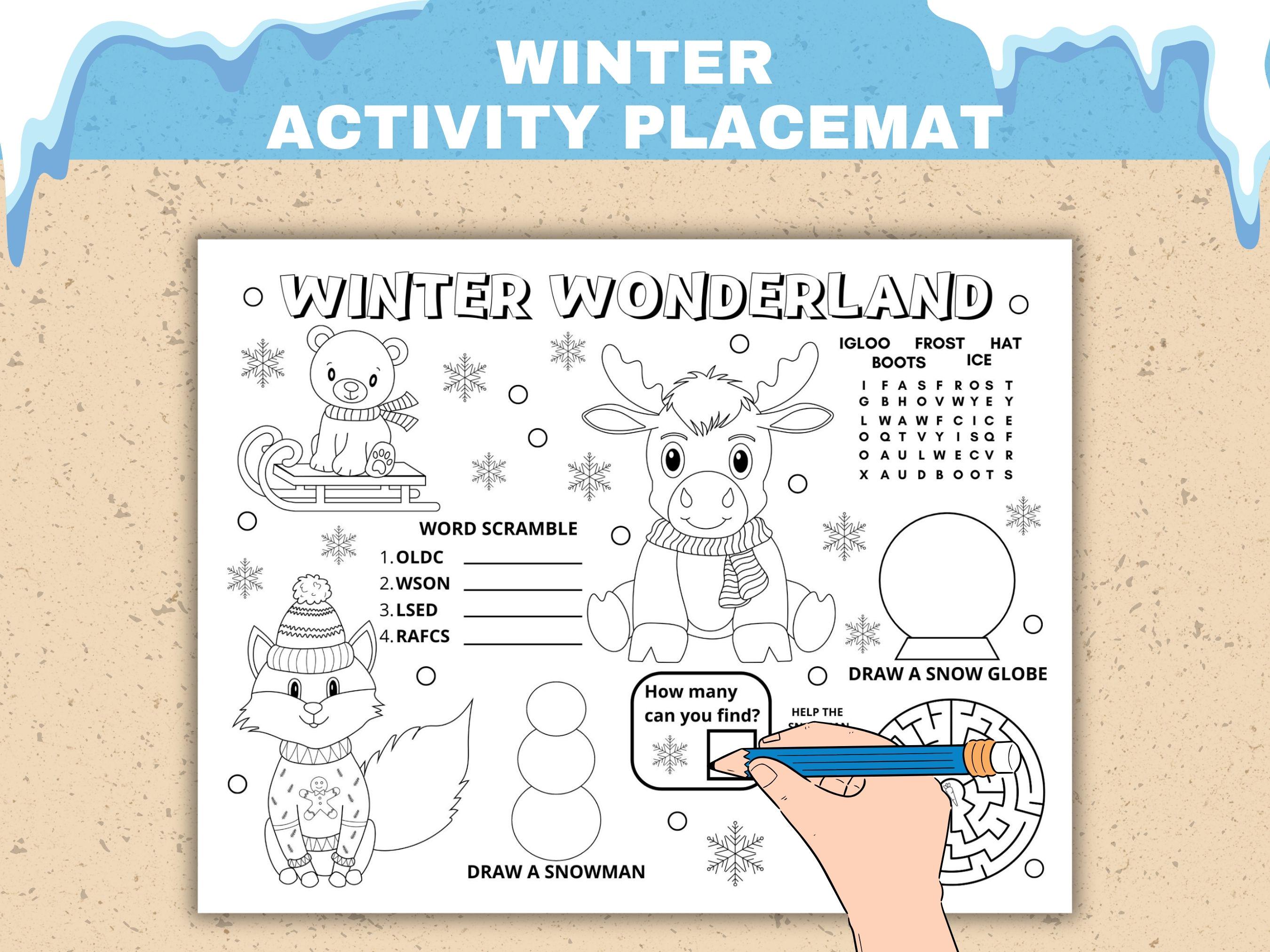 Winter Activity Placemat for Kids: Coloring Page, Party Game (digital ...