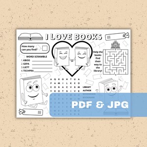 Book Activity Placemat Printable Reading Activity for Kids I Love Books ...
