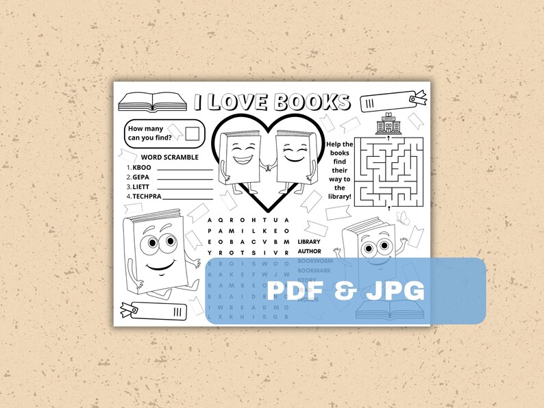 Book Activity Placemat Printable Reading Activity for Kids I Love Books ...