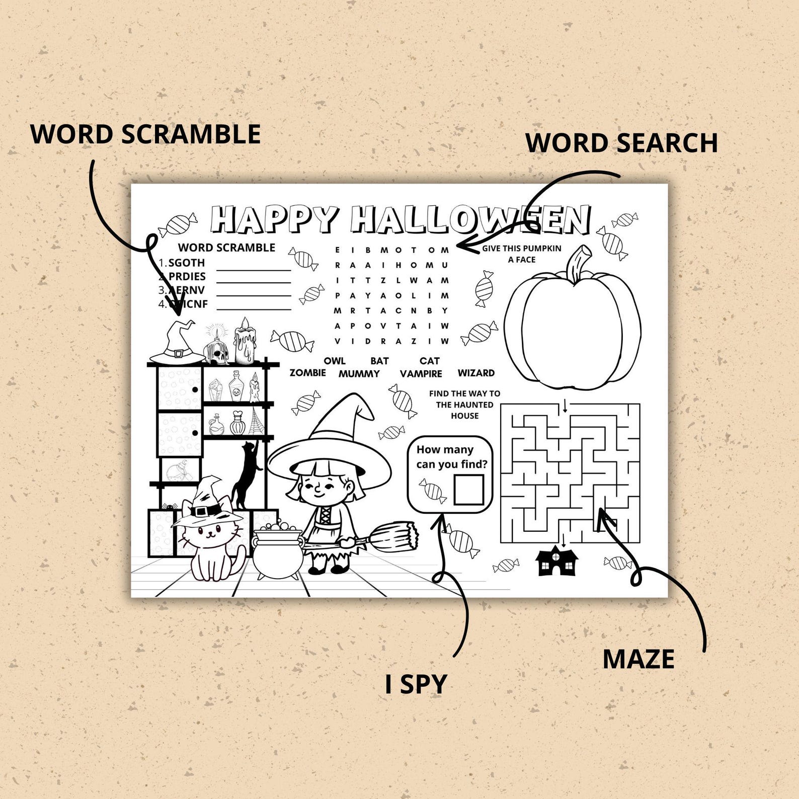 Halloween Activity Placemat Printable Halloween Kids Activity Sheet ...