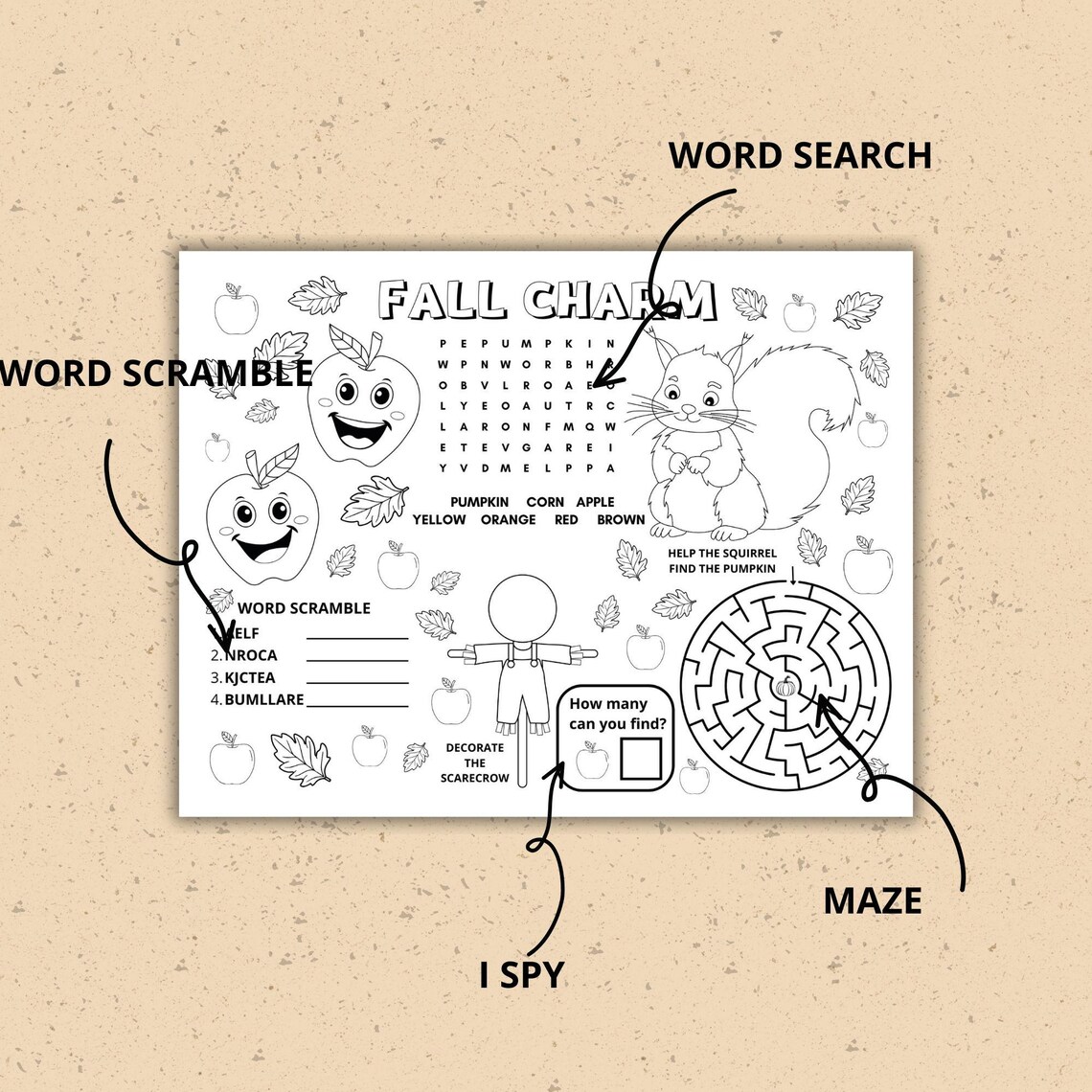 Fall Activity Placemat Autumn Activity Sheet Printable Fall Coloring ...