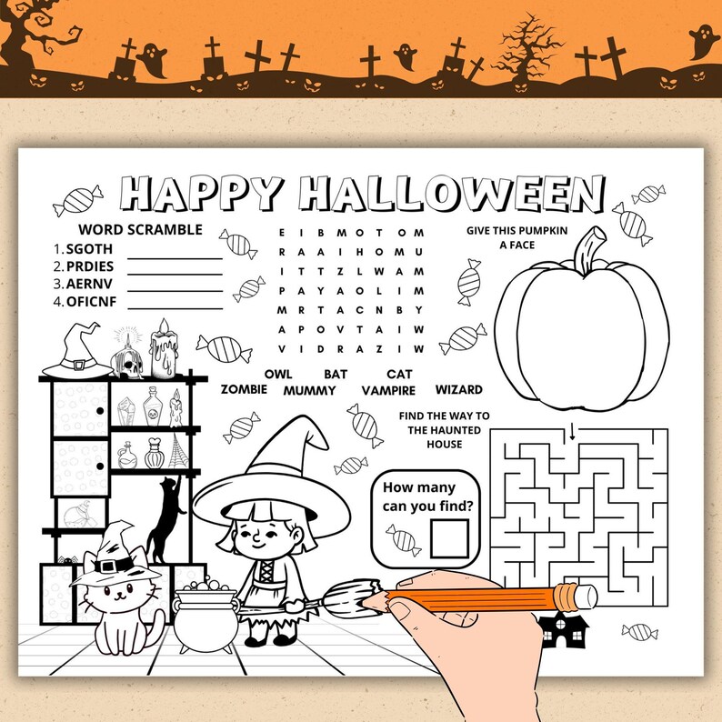 Halloween Activity Placemat Printable Halloween Kids Activity Sheet ...
