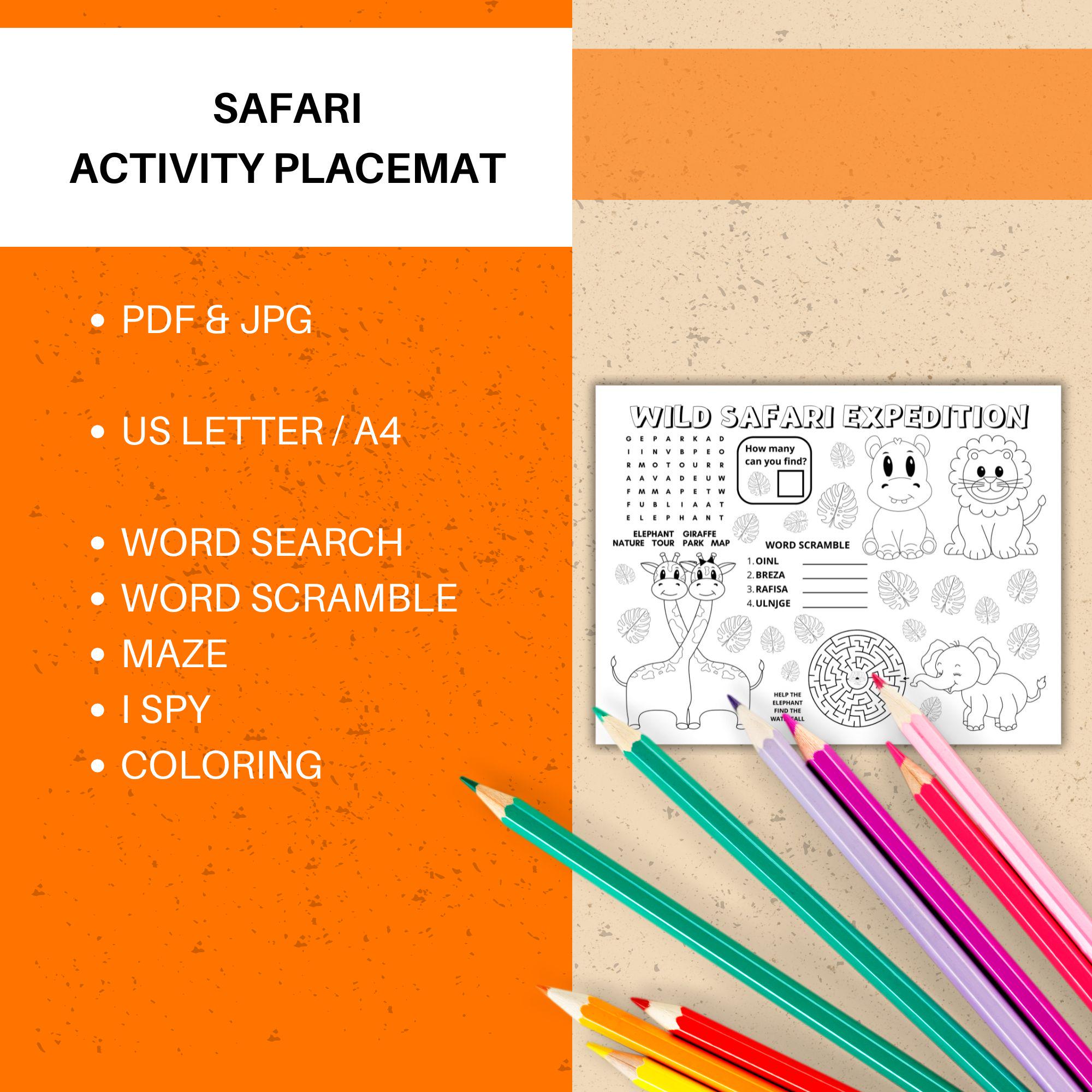 Safari Activity Placemat Printable Safari Activity Sheet for Kids ...