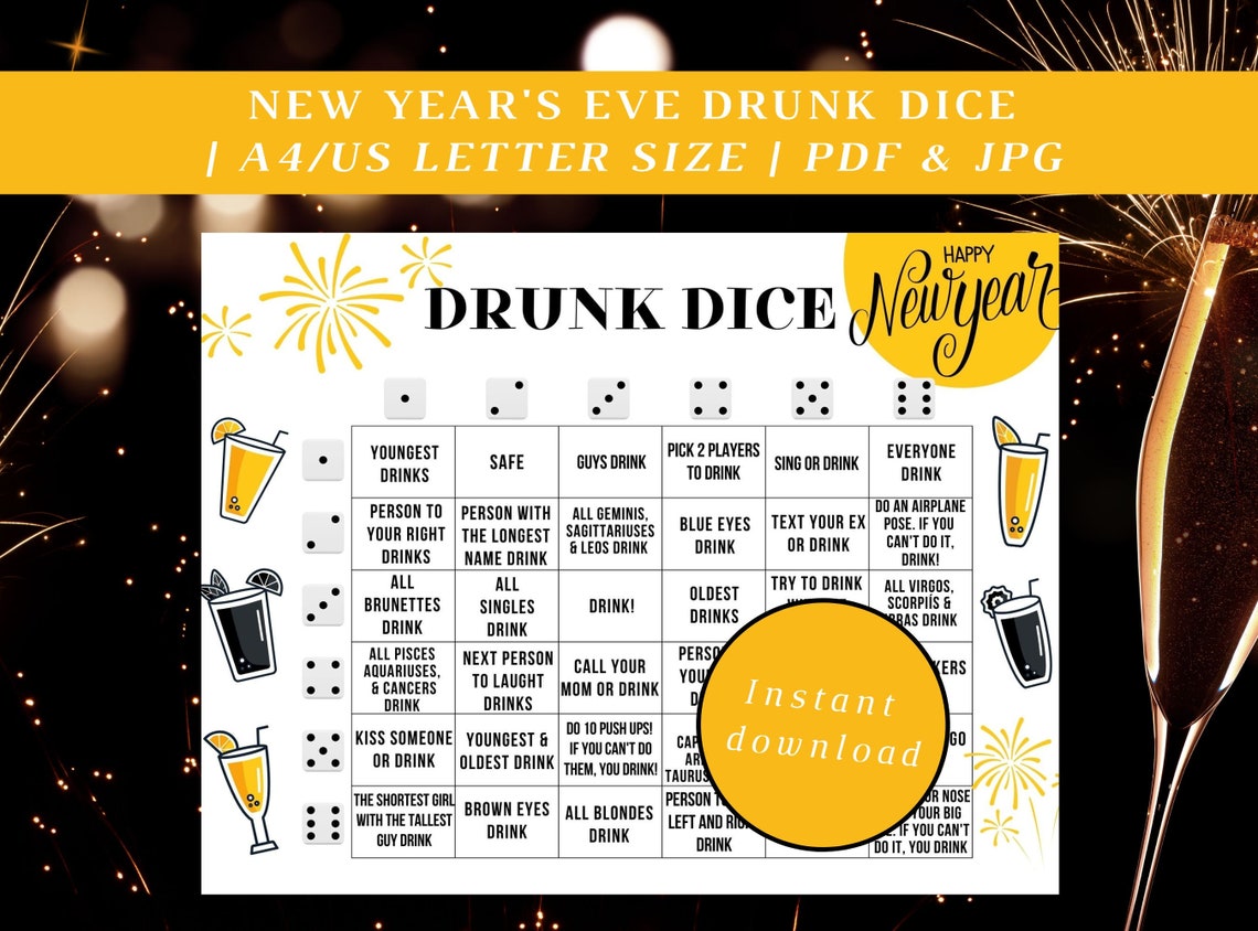 New Year's Eve Drunk Dice, Party Dice Game, Drinking Dice Board Game ...