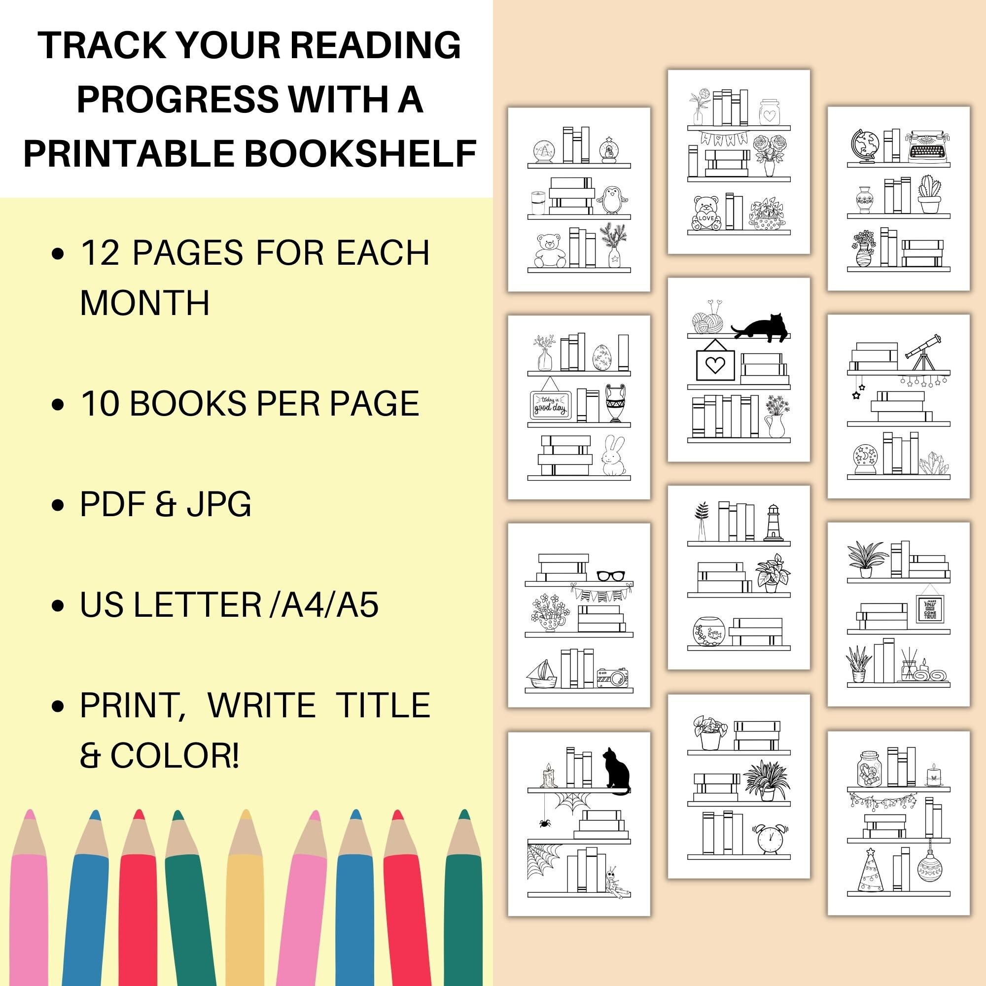 Book Tracker Printable, Bookshelf Reading Tracker, Yearly Monthly ...