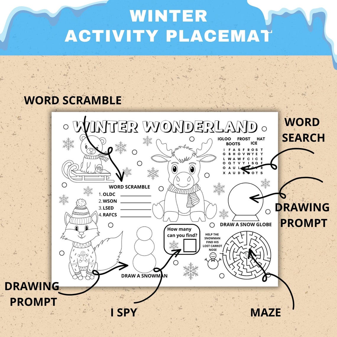 Winter Activity Placemat for Kids: Coloring Page, Party Game (digital ...