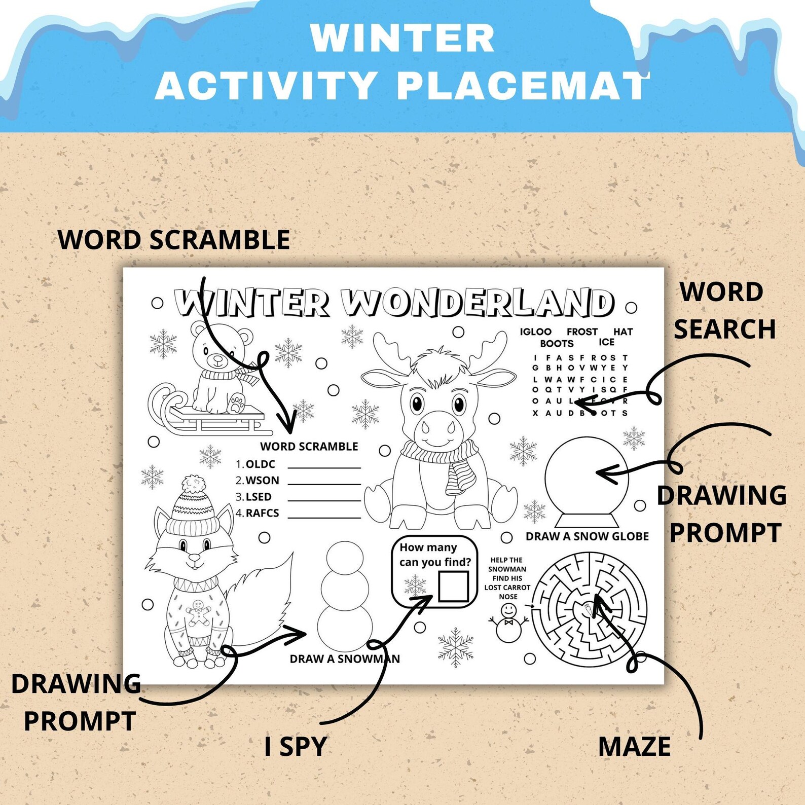 Winter Activity Placemat for Kids: Coloring Page, Party Game (digital ...