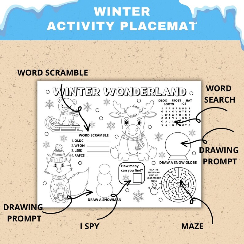 Winter Activity Placemat for Kids: Coloring Page, Party Game (digital ...