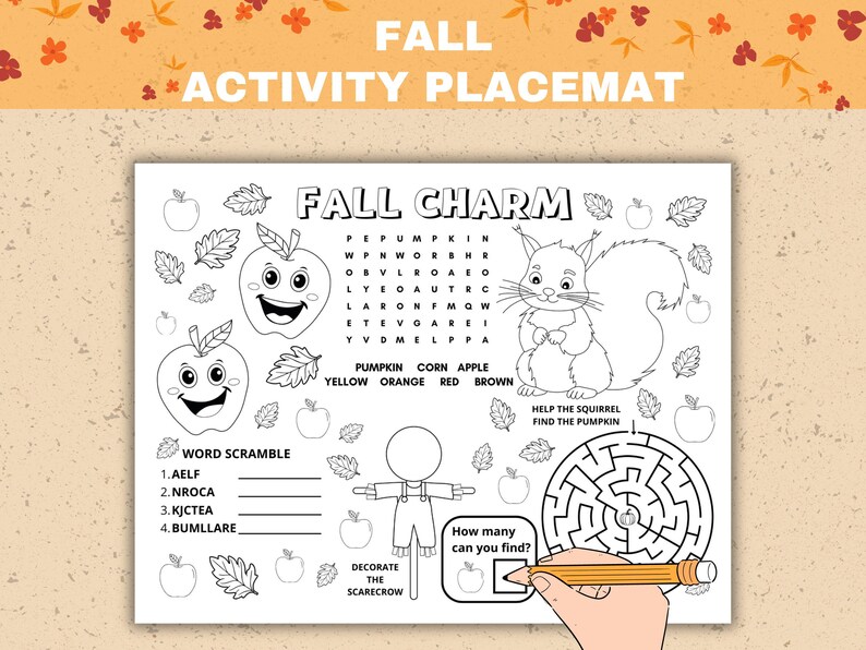 Fall Activity Placemat Autumn Activity Sheet Printable Fall Coloring ...