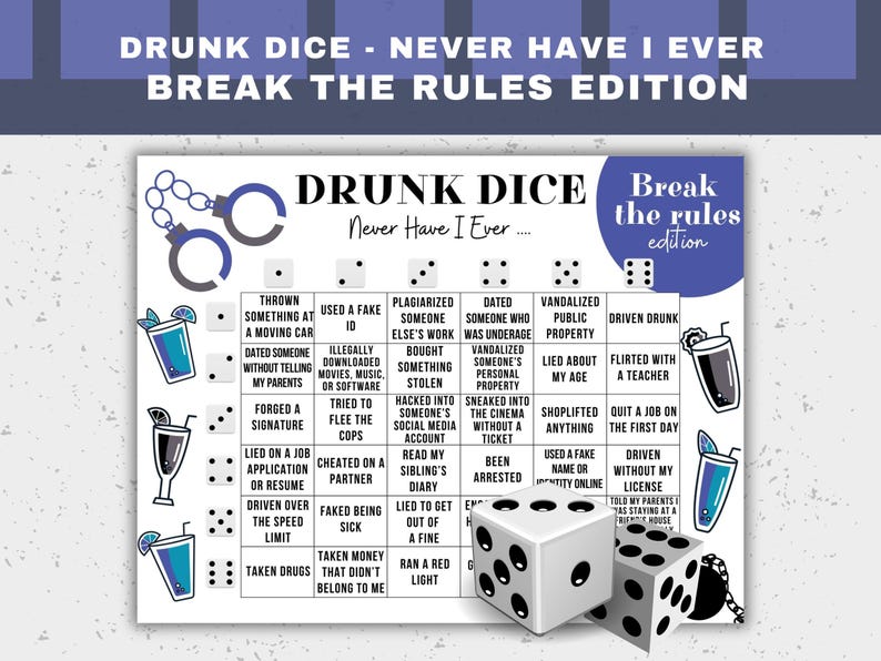 Drunk Dice Never Have I Ever Break the Rules Questions Printable ...