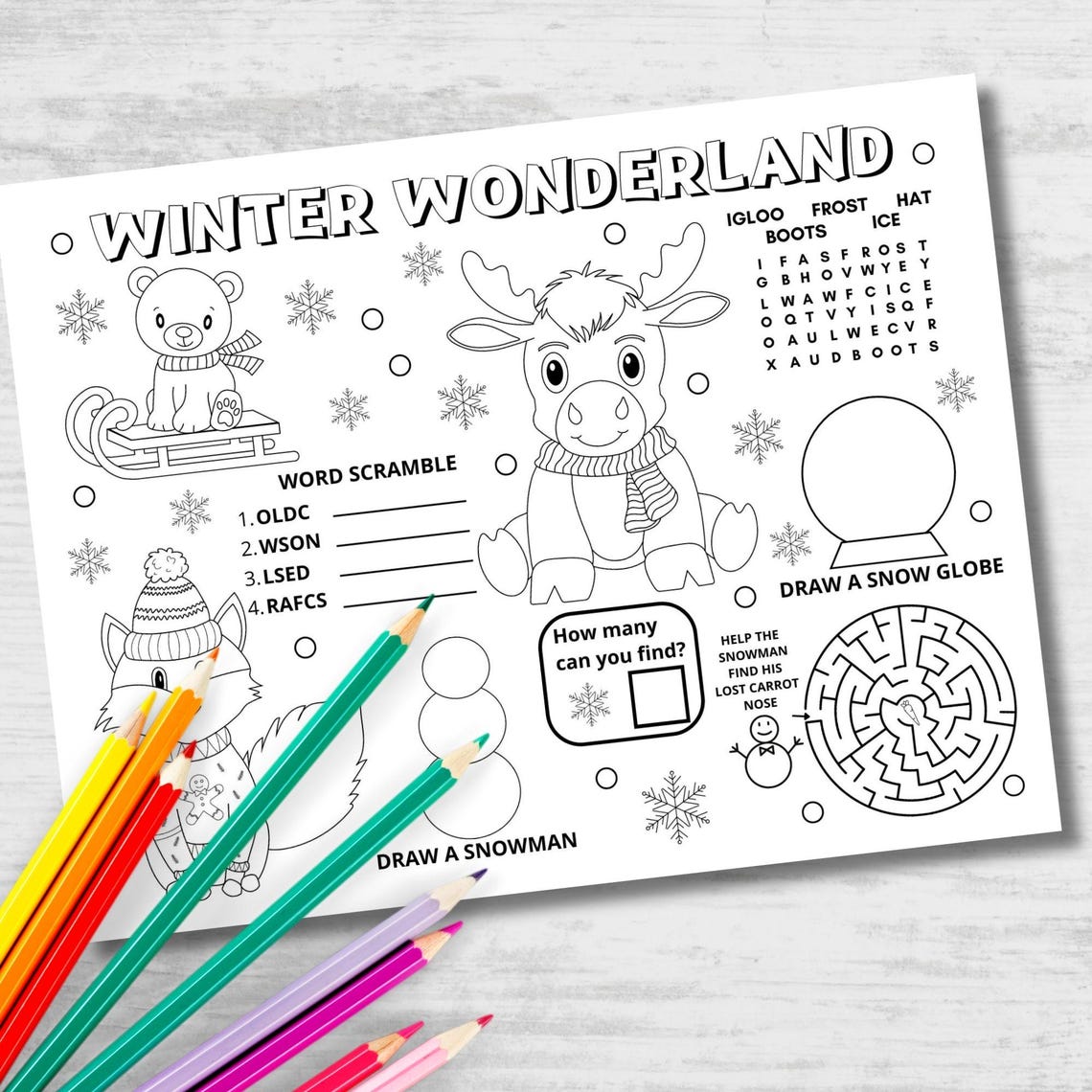 Winter Activity Placemat for Kids: Coloring Page, Party Game (digital ...