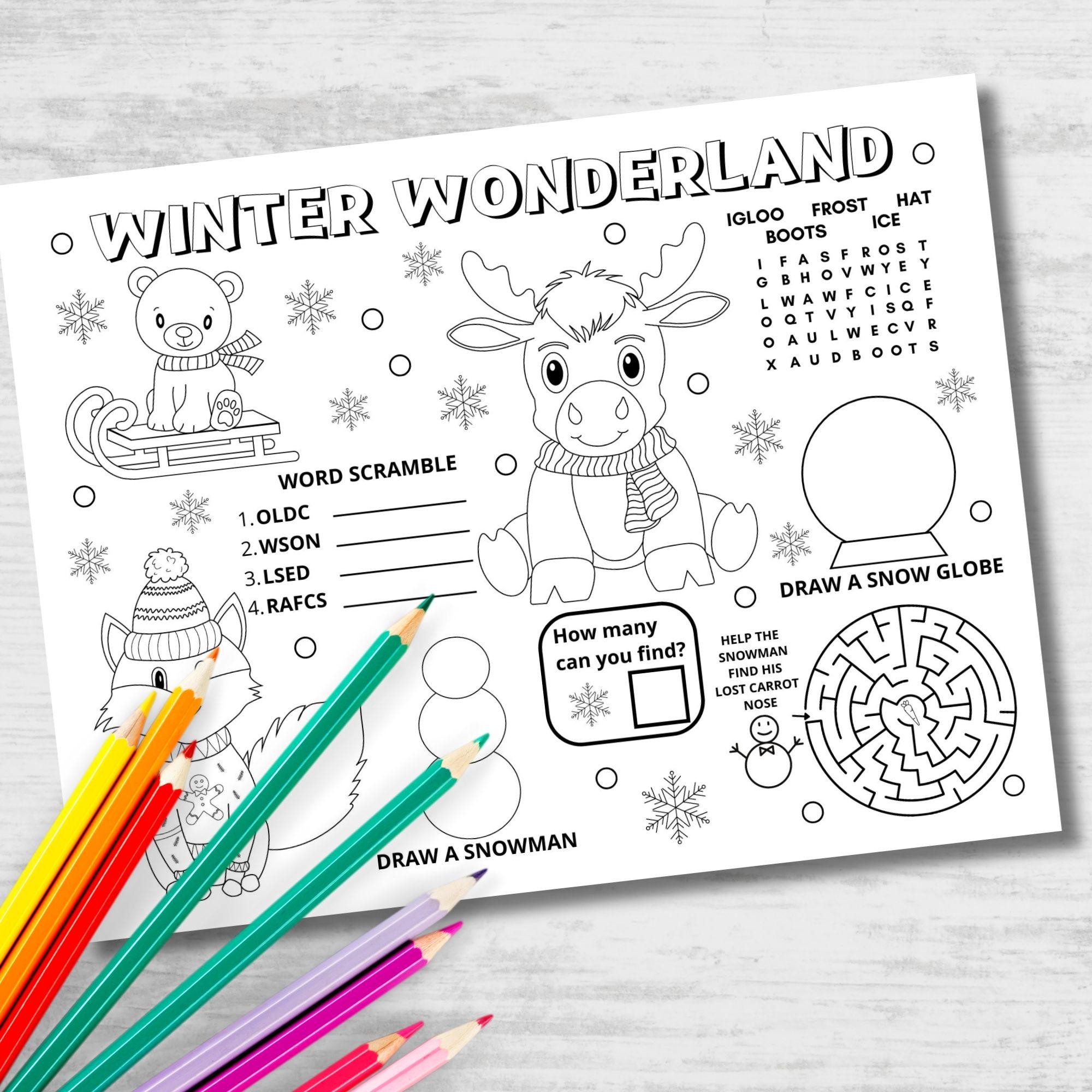 Winter Activity Placemat for Kids: Coloring Page, Party Game (digital ...