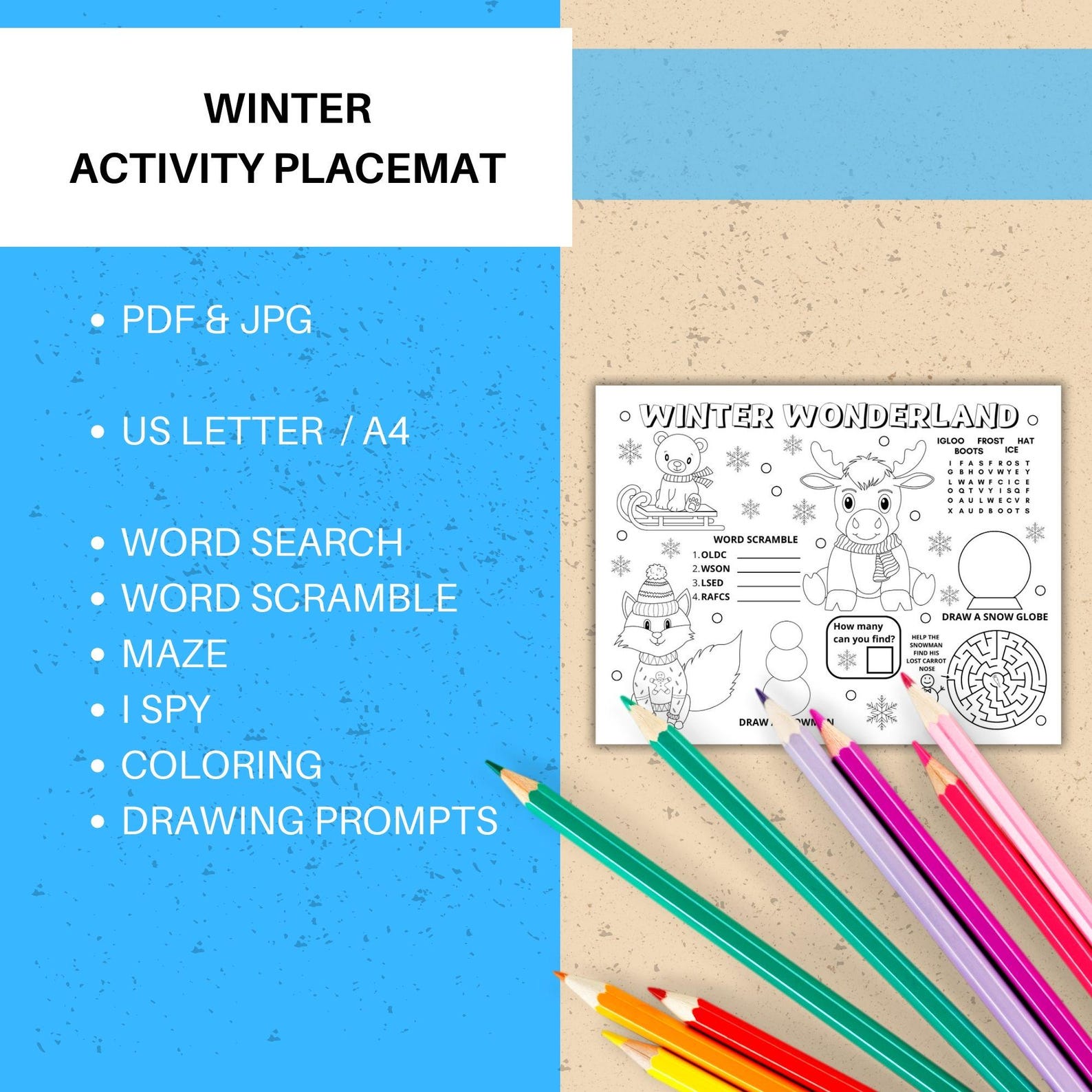 Winter Activity Placemat for Kids: Coloring Page, Party Game (digital ...