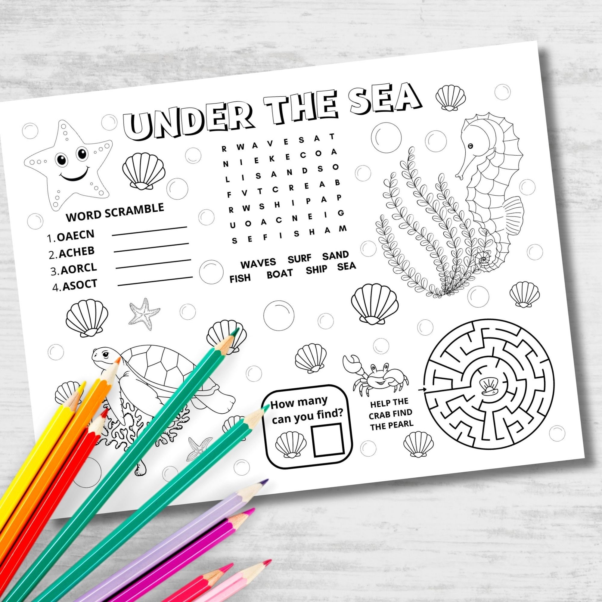 Under the Sea Activity Sheet Printable Ocean Activity Placemat Summer ...