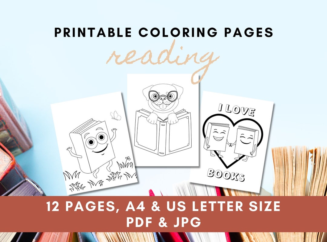 Reading Coloring Pages for Kids Printable, Book Lover Gift, Bookworm ...