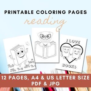 Reading Coloring Pages for Kids Printable, Book Lover Gift, Bookworm ...