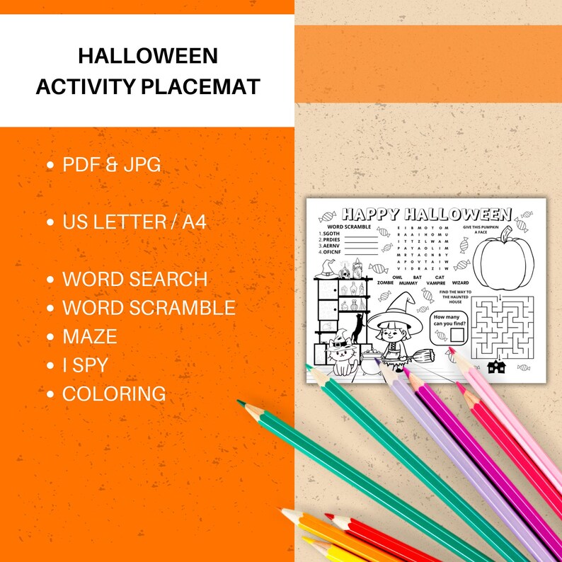 Halloween Activity Placemat Printable Halloween Kids Activity Sheet ...