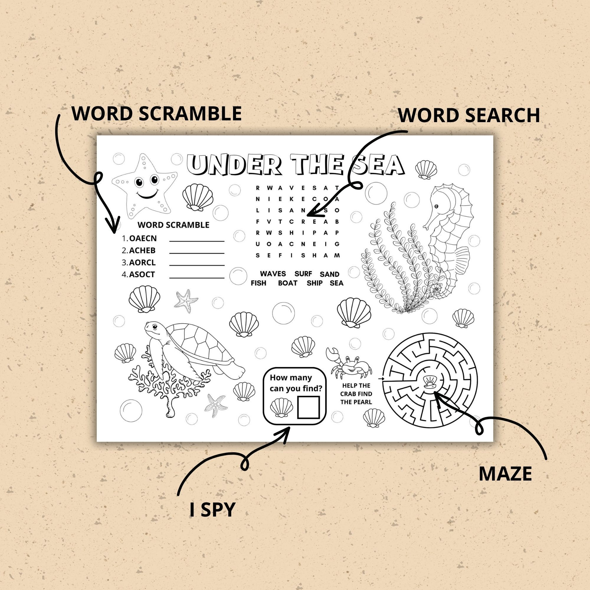 Under the Sea Activity Sheet Printable Ocean Activity Placemat Summer ...