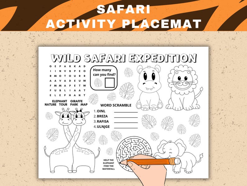 Safari Activity Placemat Printable Safari Activity Sheet for Kids ...