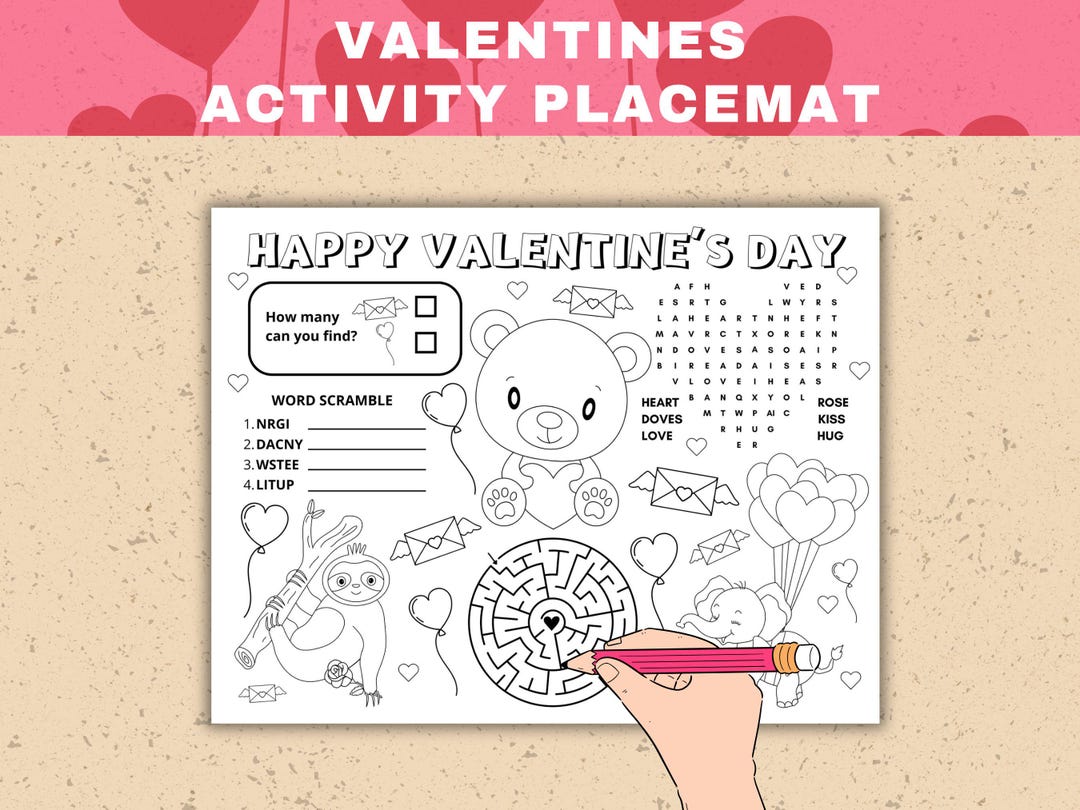 Valentines Activity Placemat Printable Valentines Activity for Kids ...