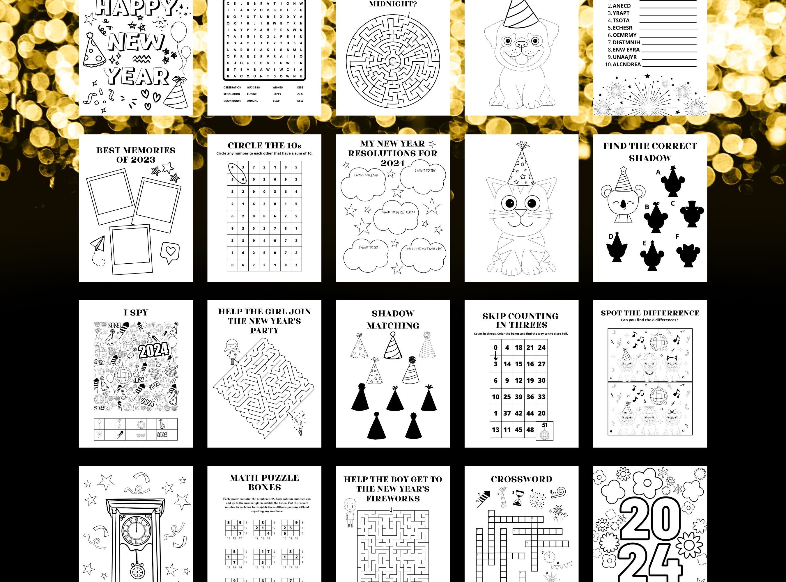 New Year Activity Pages for Kids, New Year Activity Pack Printable, New ...