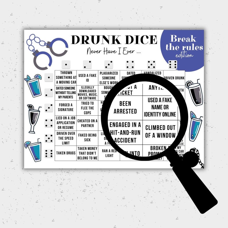 Drunk Dice Never Have I Ever Break the Rules Questions Printable ...