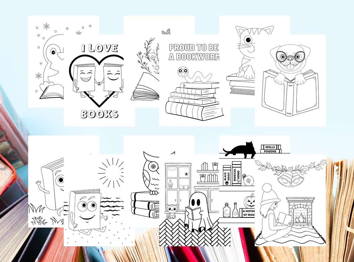 Reading Coloring Pages for Kids Printable, Book Lover Gift, Bookworm ...