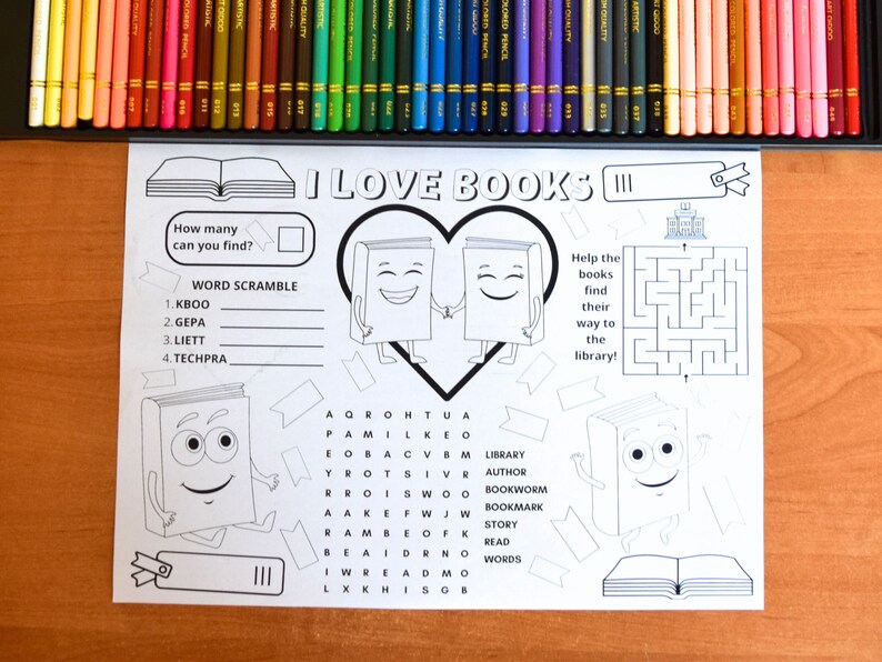 Book Activity Placemat Printable Reading Activity for Kids I Love Books ...