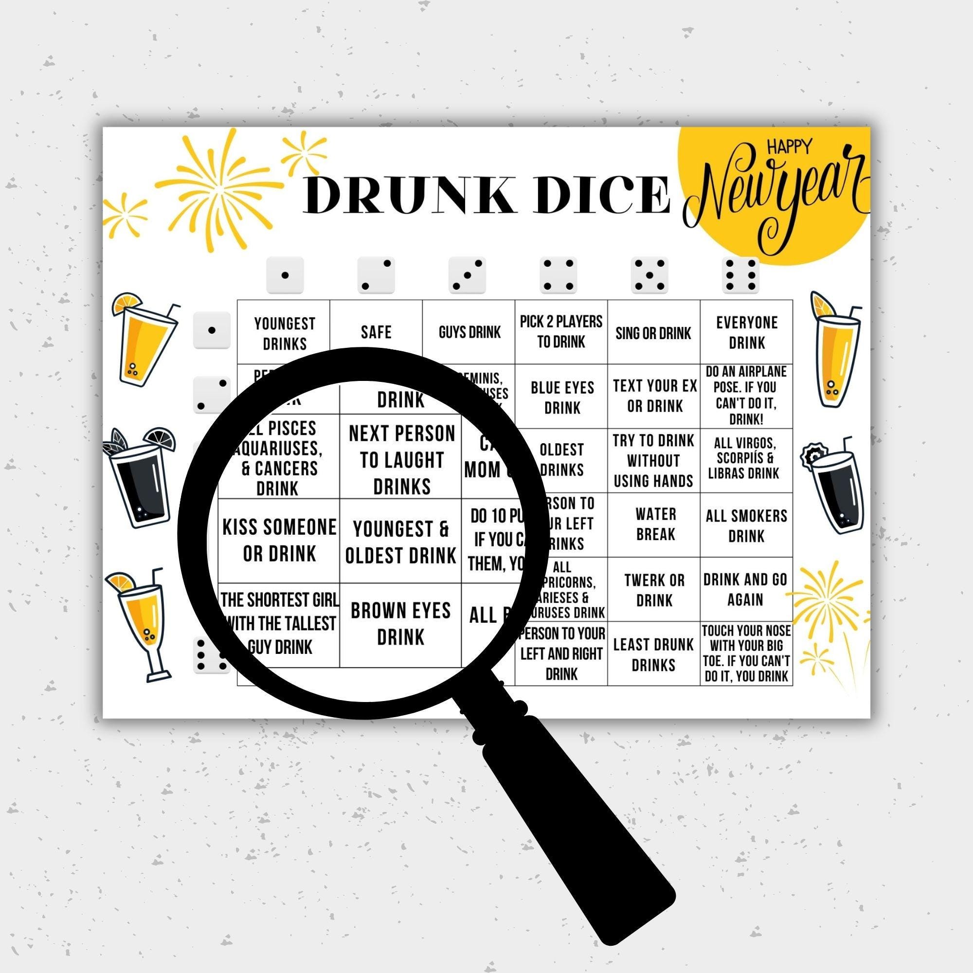 New Year's Eve Drunk Dice, Party Dice Game, Drinking Dice Board Game ...