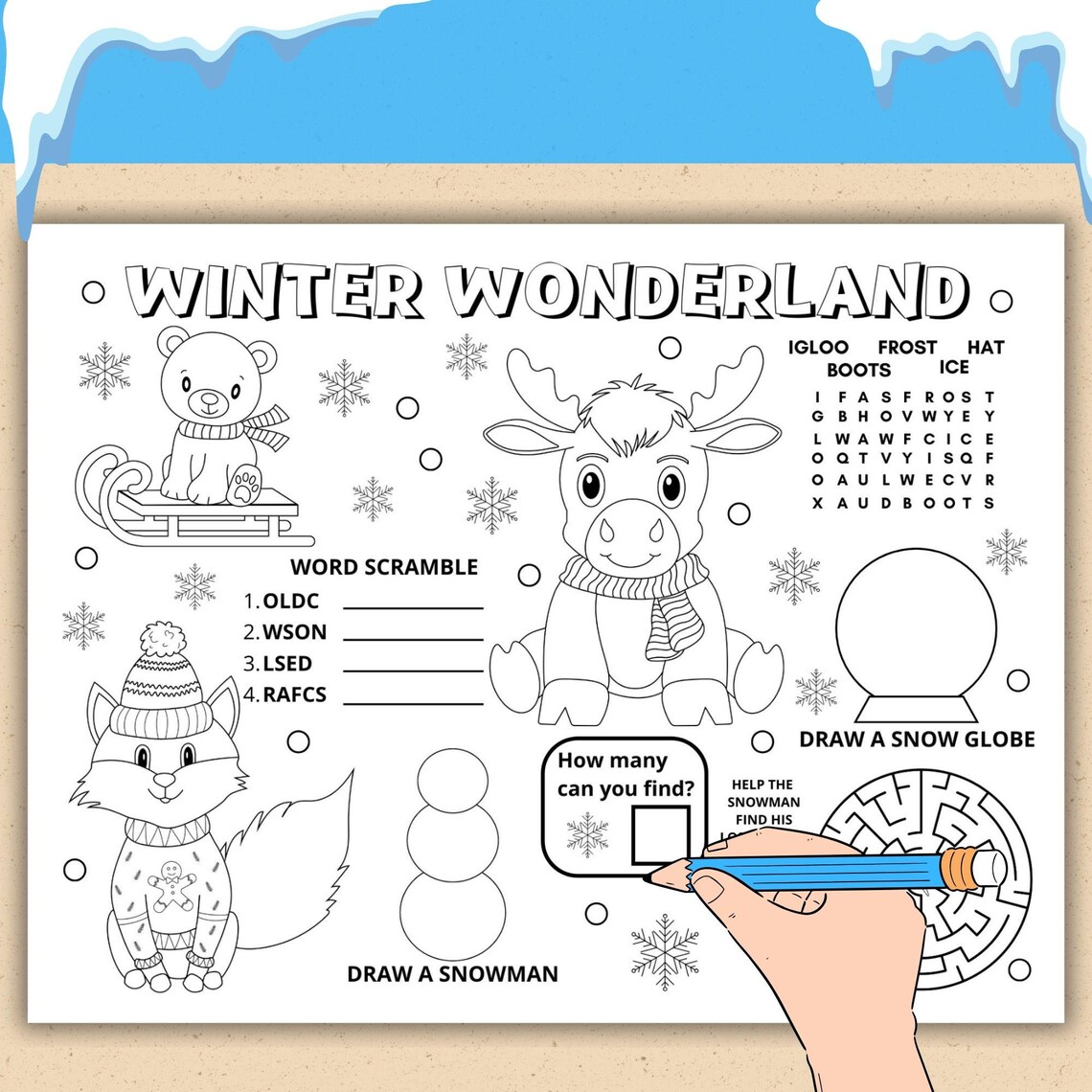 Winter Activity Placemat for Kids: Coloring Page, Party Game (digital ...