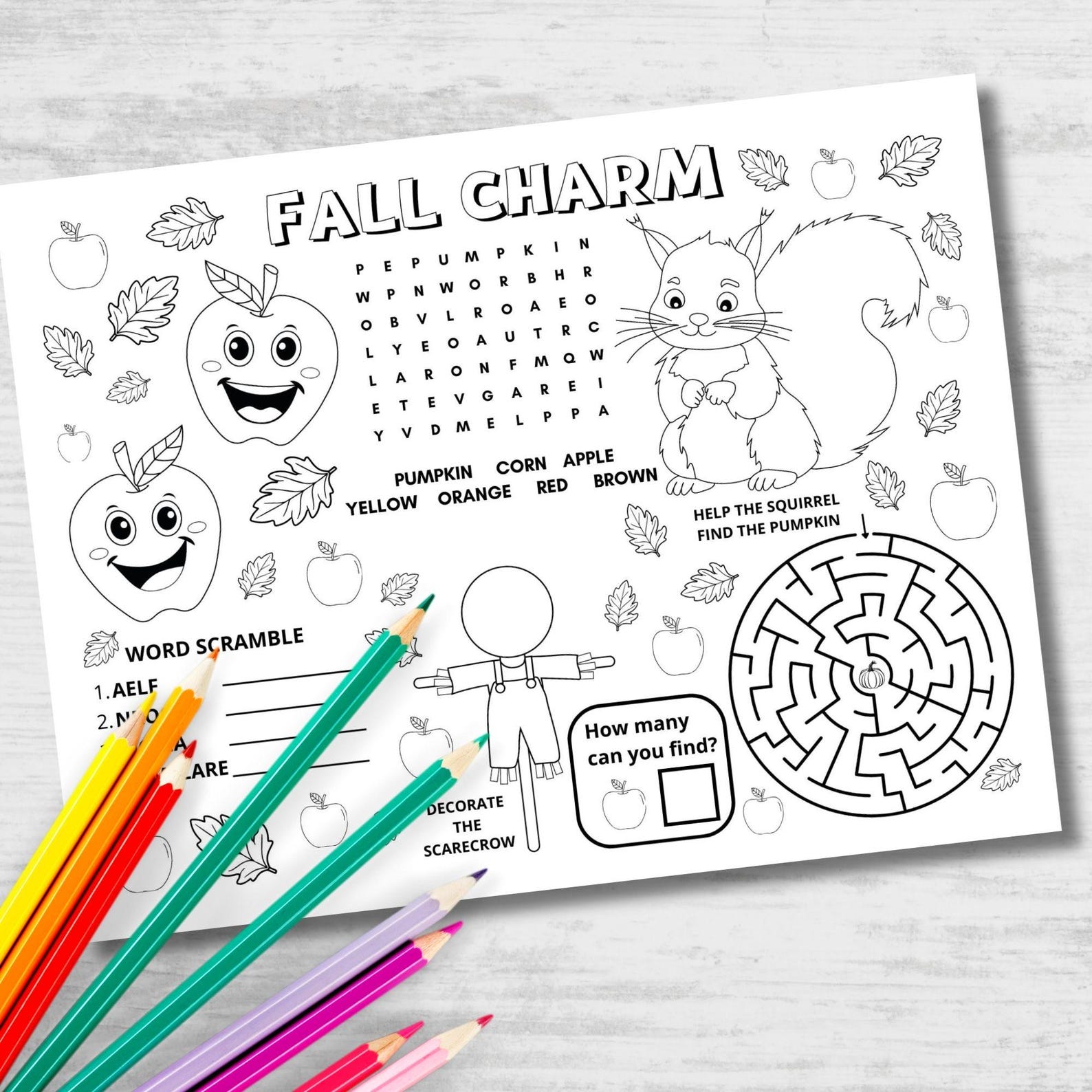 Fall Activity Placemat Autumn Activity Sheet Printable Fall Coloring ...