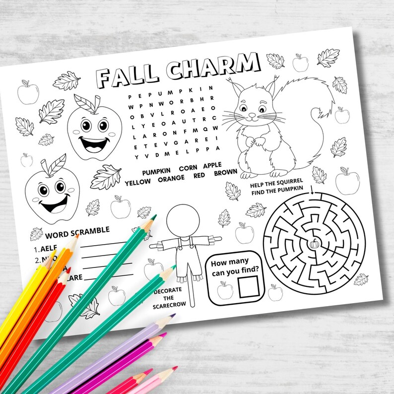 Fall Activity Placemat Autumn Activity Sheet Printable Fall Coloring ...
